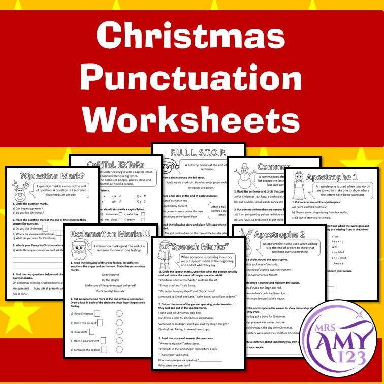 Christmas Punctuation Worksheets- Commas, full stops, question marks