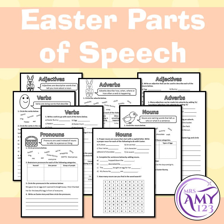 Easter Parts of Speech (Grammar) Worksheets- Nouns, Verbs, Adjectives