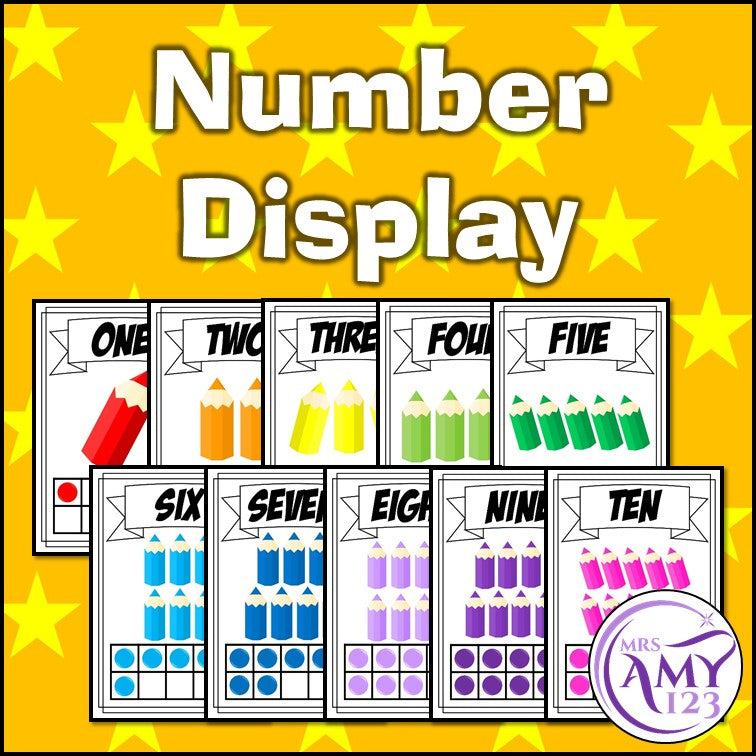 Number Display - 1-10 - Pencil Rainbow Theme