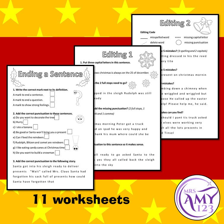Christmas Punctuation Worksheets- Commas, full stops, question marks