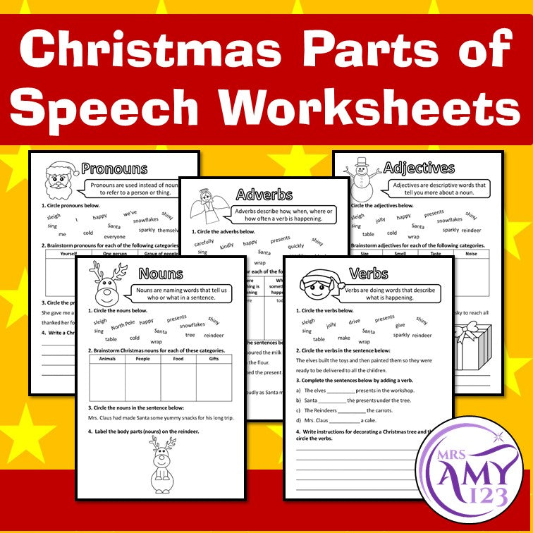 Christmas Parts of Speech (Grammar) Worksheets- Nouns, Verbs, Adjectiv