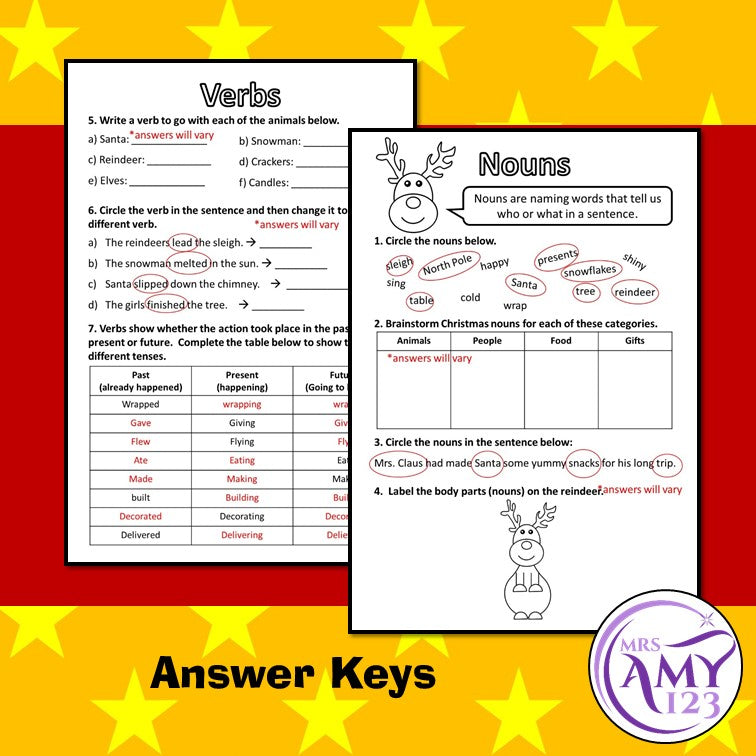 Christmas Parts of Speech (Grammar) Worksheets- Nouns, Verbs, Adjectiv