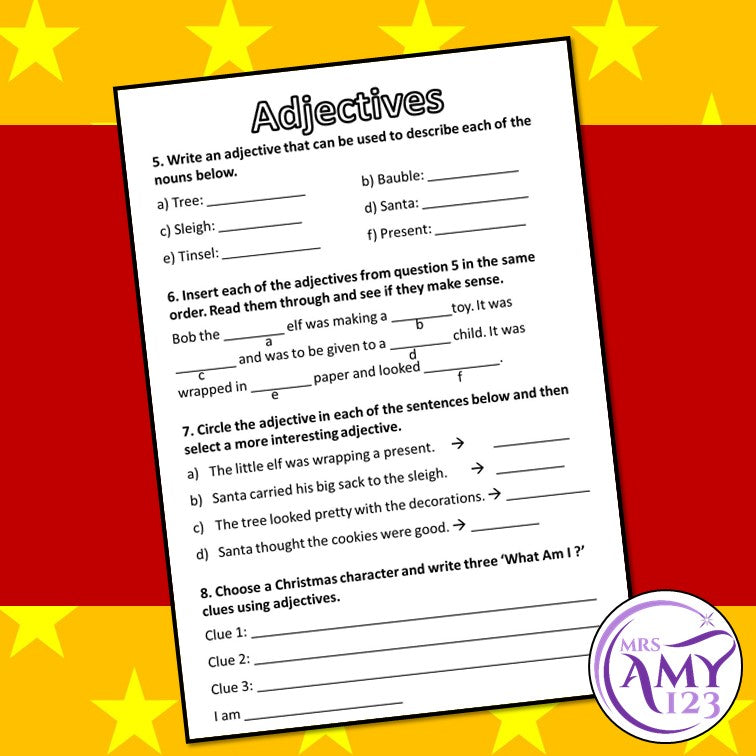 Christmas Parts of Speech (Grammar) Worksheets- Nouns, Verbs, Adjectiv