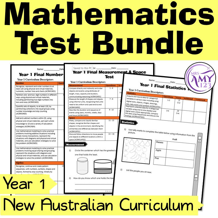 Year 1 Maths - Mathematics Test Bundle - Australian Curriculum